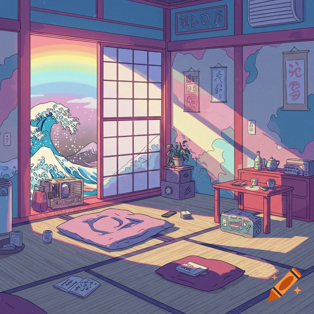 A colorful, stylized anime interior of a Japanese room with tatami mats ...