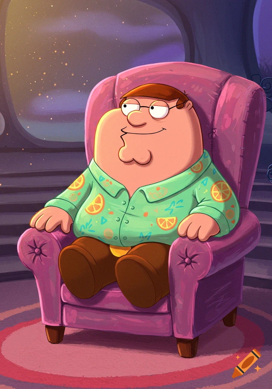 Peter Griffin sits comfortably in a purple armchair, wearing a light ...