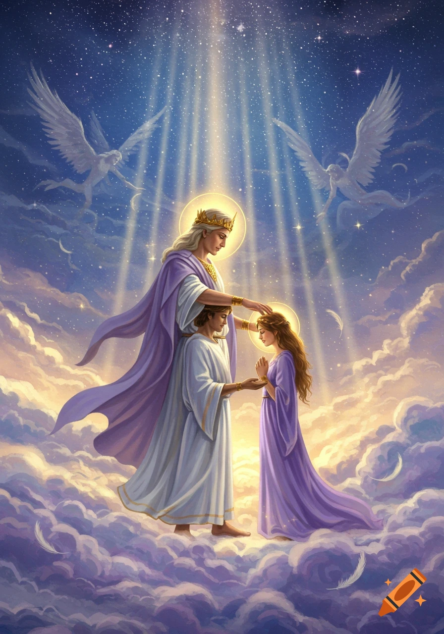 A deity places hands on a man and woman kneeling on clouds under a ...