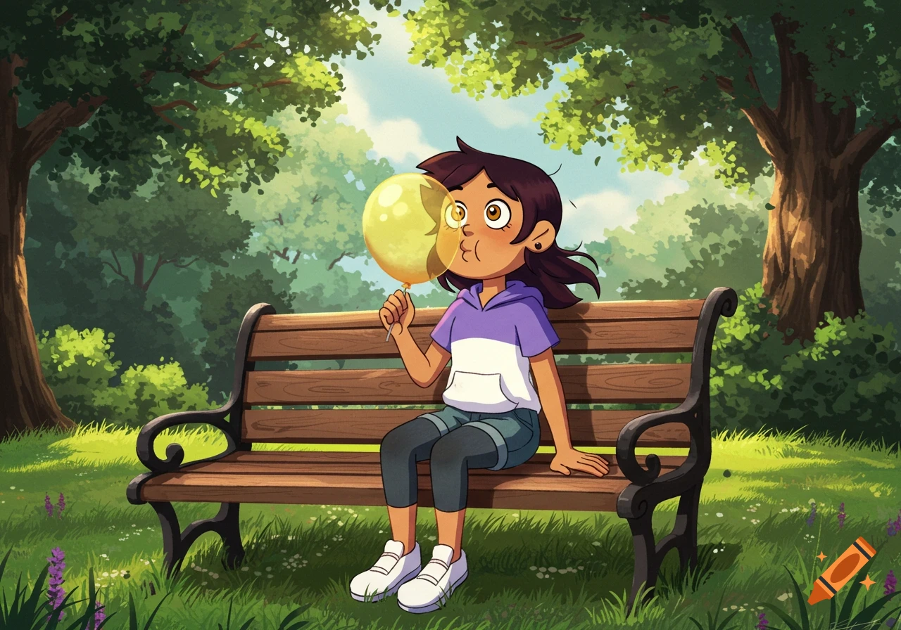Luz Noceda, in cartoon style, sits on a park bench blowing a yellow ...