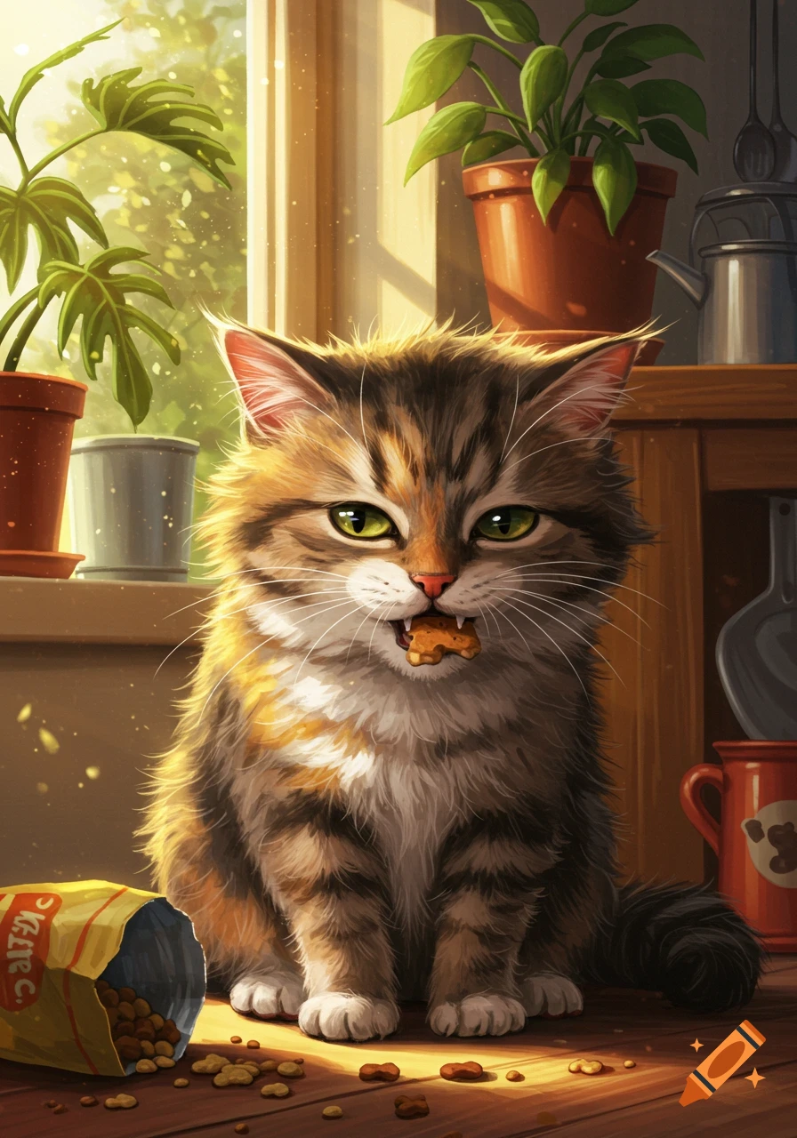 Photorealistic grey tabby cat with green eyes standing on a kitchen ...