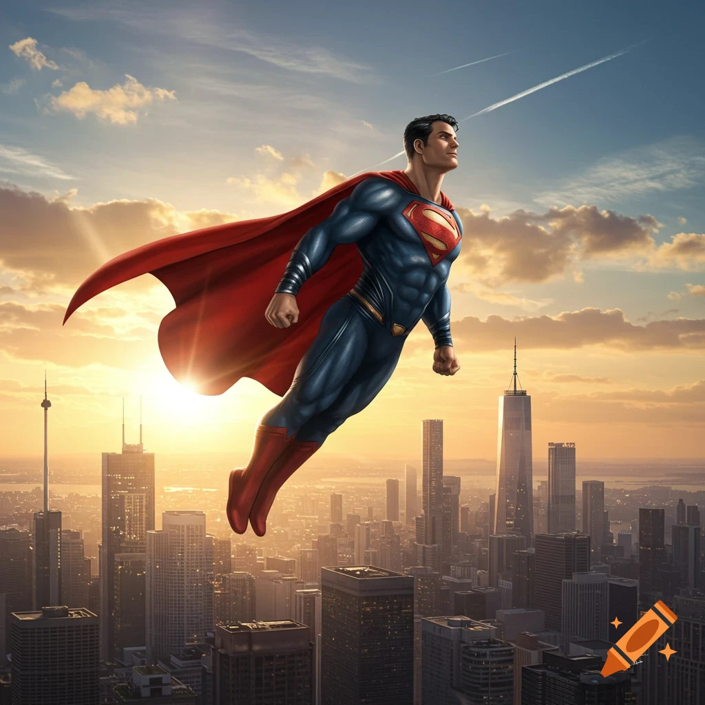 Superman flying heroically in his classic blue and red suit with a red ...