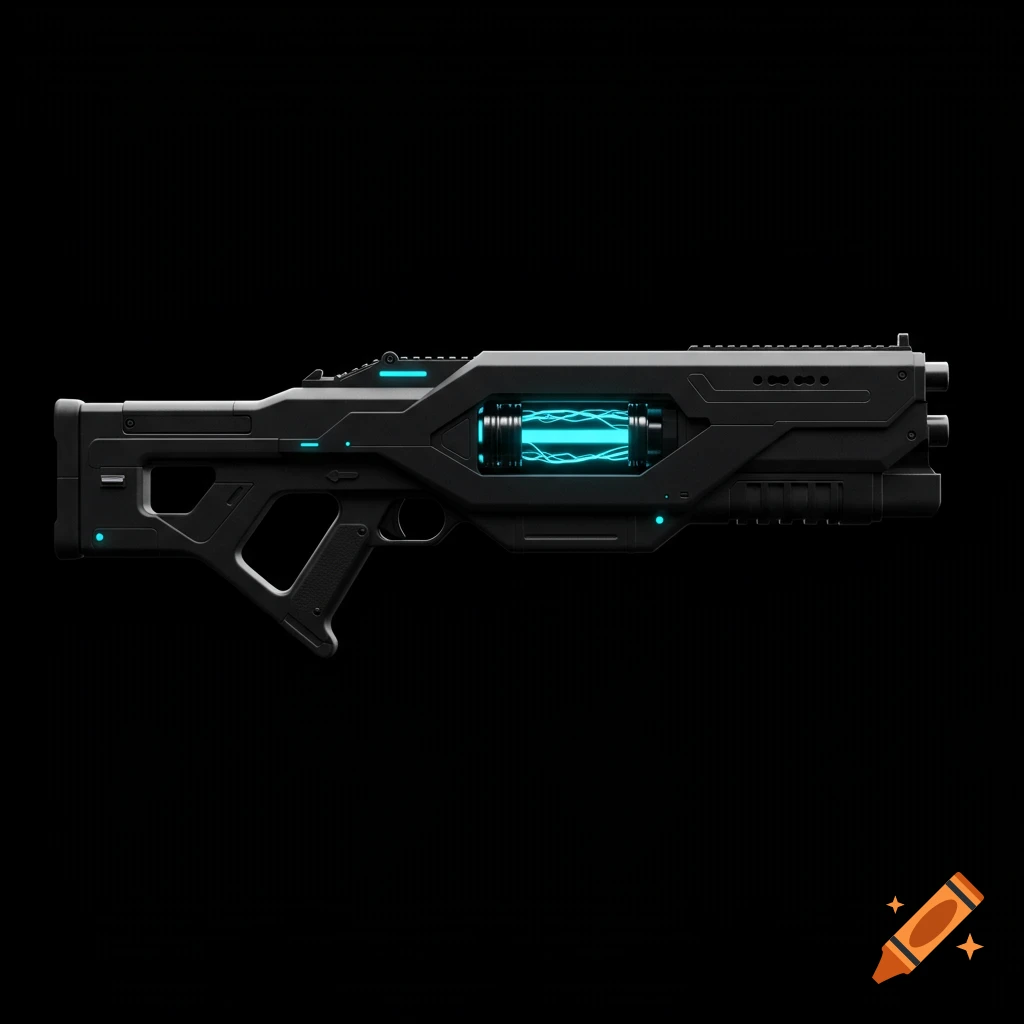 A jet black futuristic electron rifle with glowing blue accents and a ...