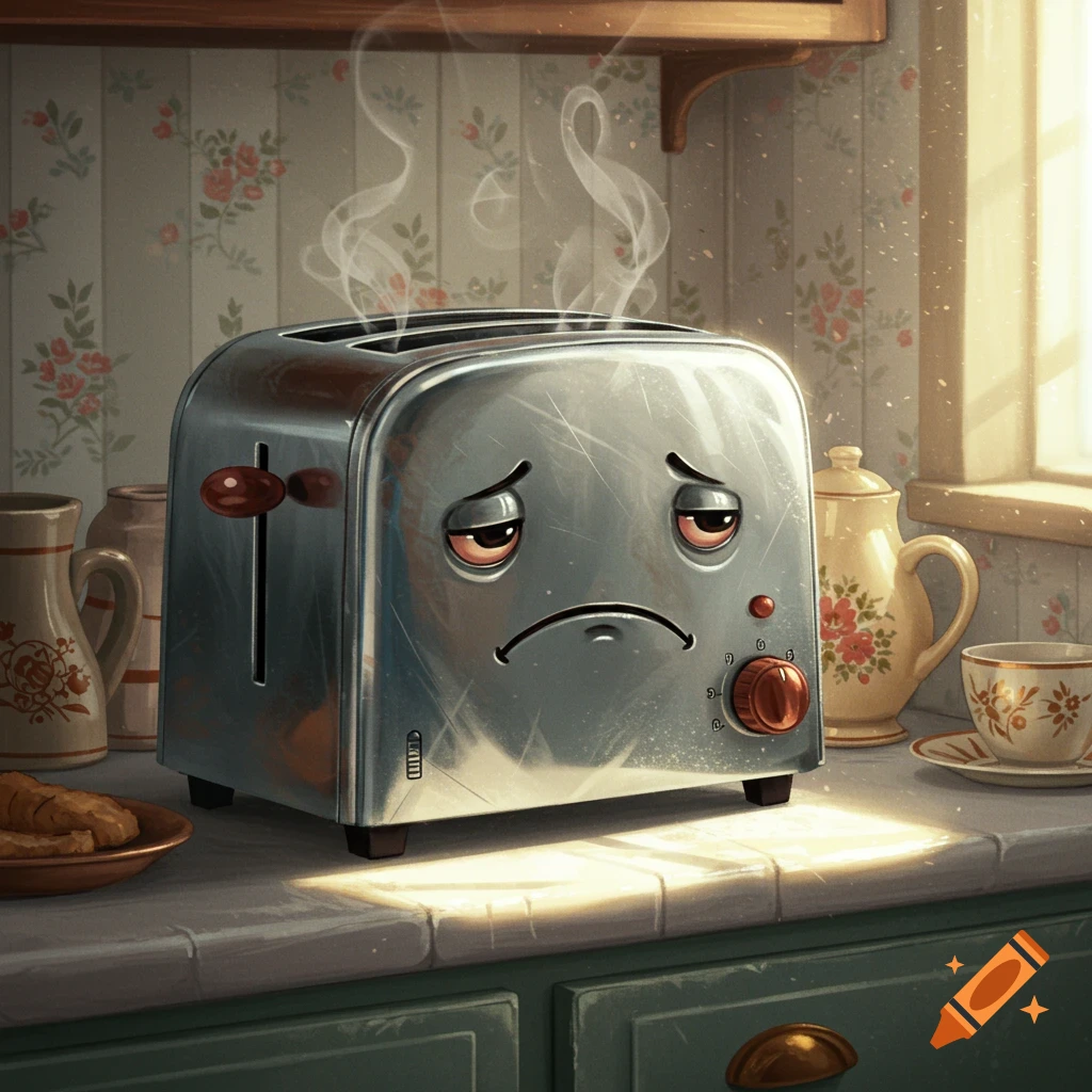 A glum-looking anthropomorphic toaster with red eyes and a frown ...