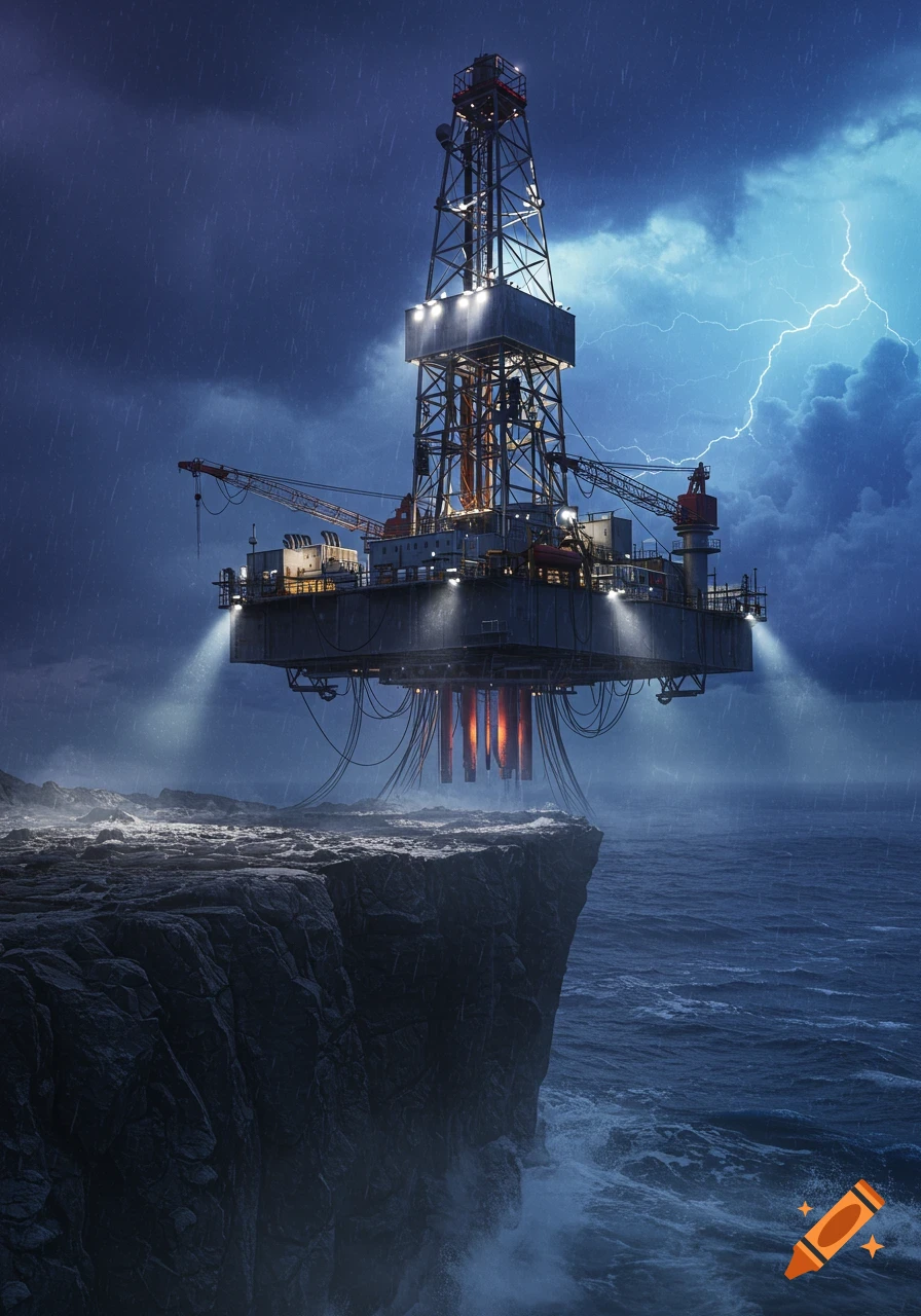 A photorealistic industrial rig hovers over a stormy ocean by dark ...