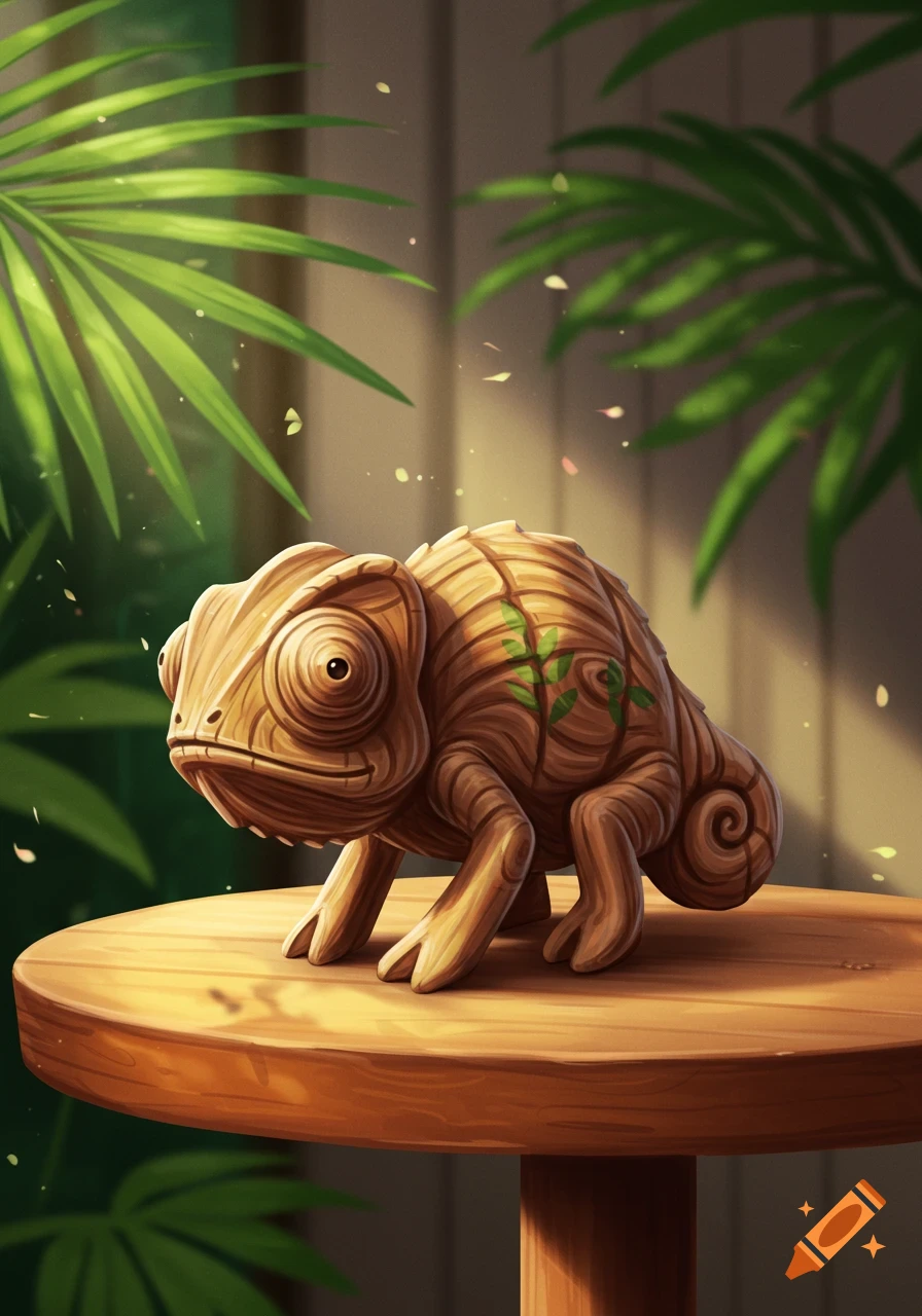 A detailed wooden chameleon sculpture with green leaf patterns sits on ...