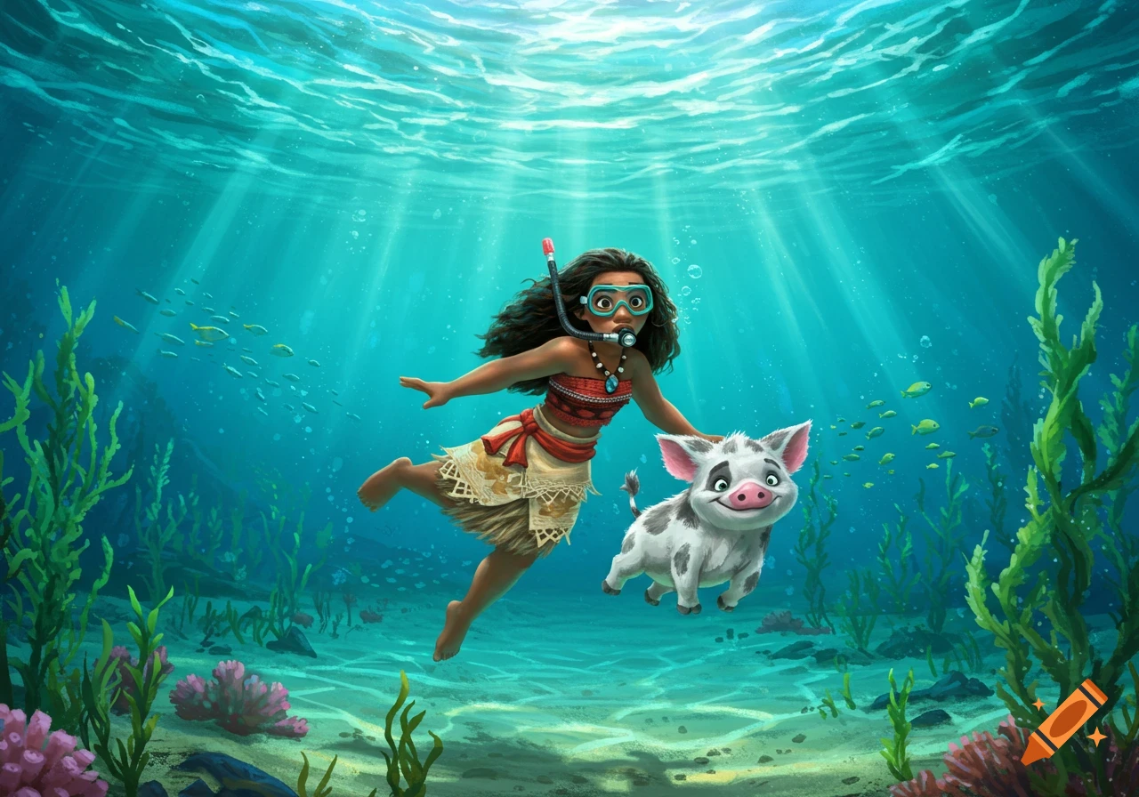 Animated illustration of Moana wearing goggles and Pua swimming ...