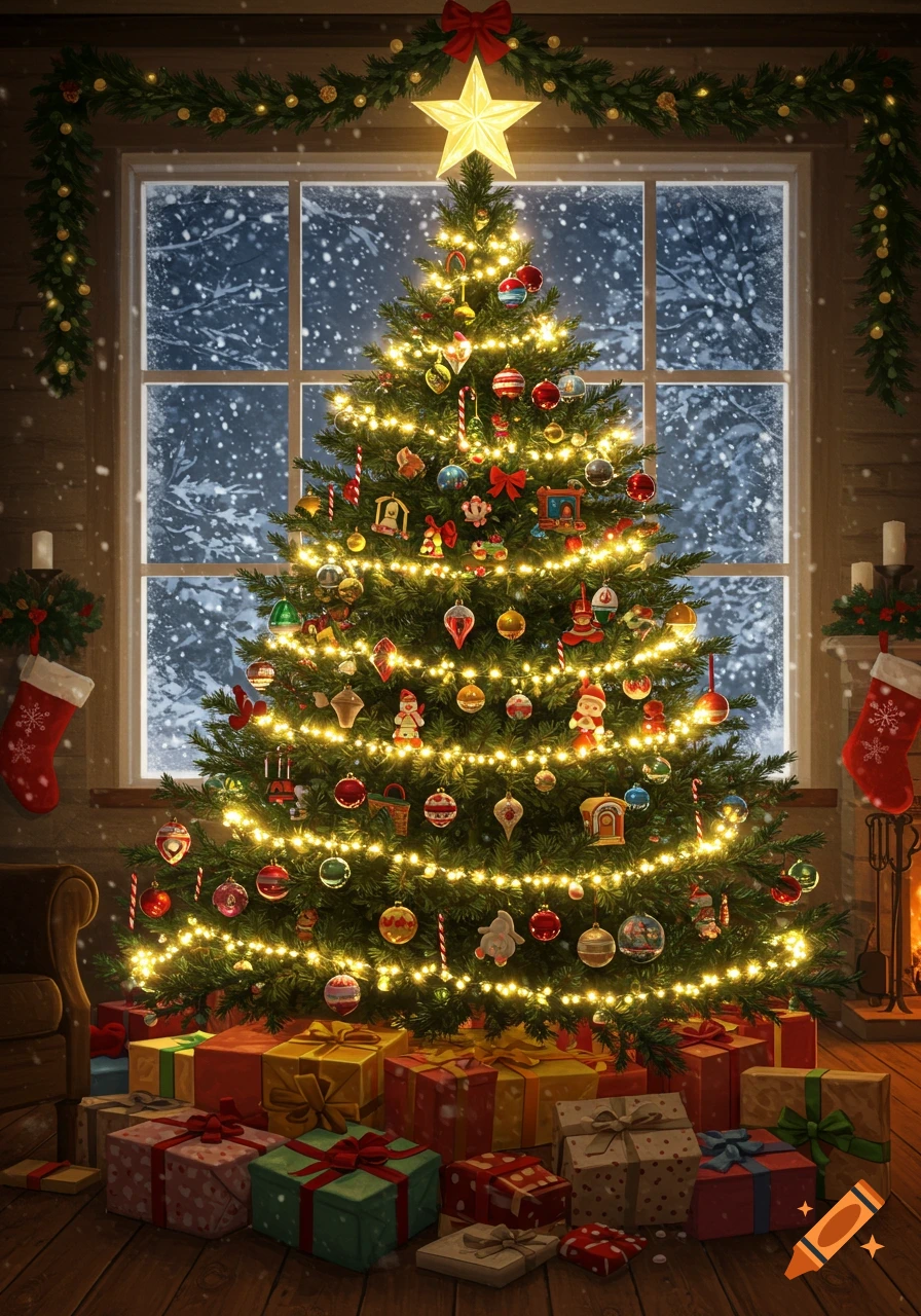 A festive illustration of a decorated Christmas tree in a living room ...