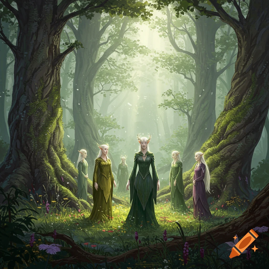Six elegant elves in flowing green and purple robes stand in a sunlit ...