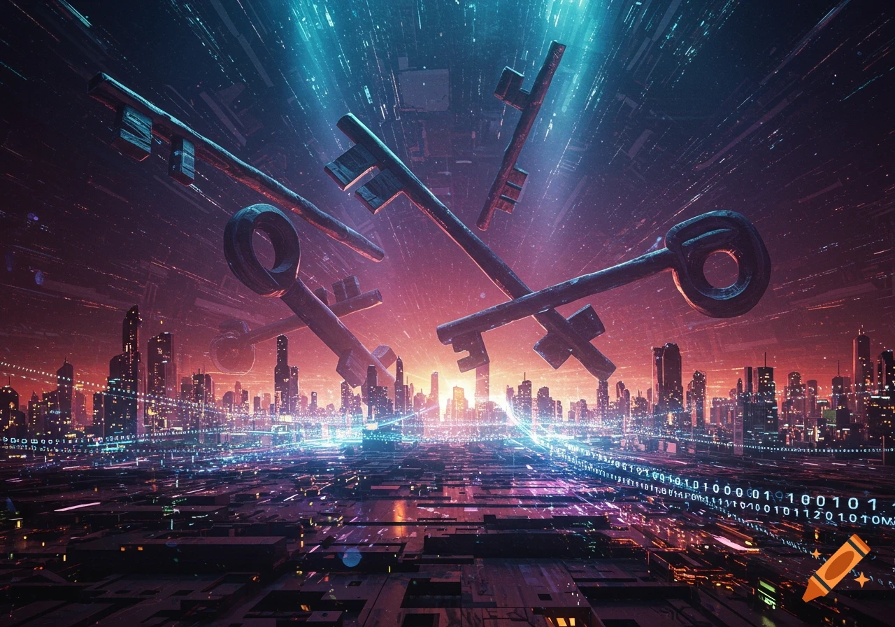 Large stylized keys float above a glowing futuristic city with binary ...
