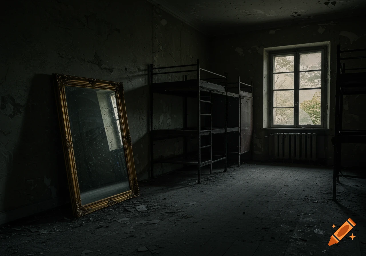 A dark, empty abandoned dorm room with a large gold-rimmed mirror ...