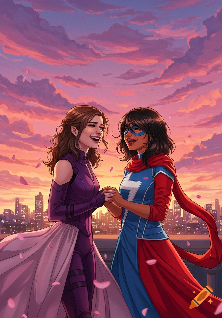 Comic art of Kate Bishop and Ms. Marvel holding hands and laughing on a ...