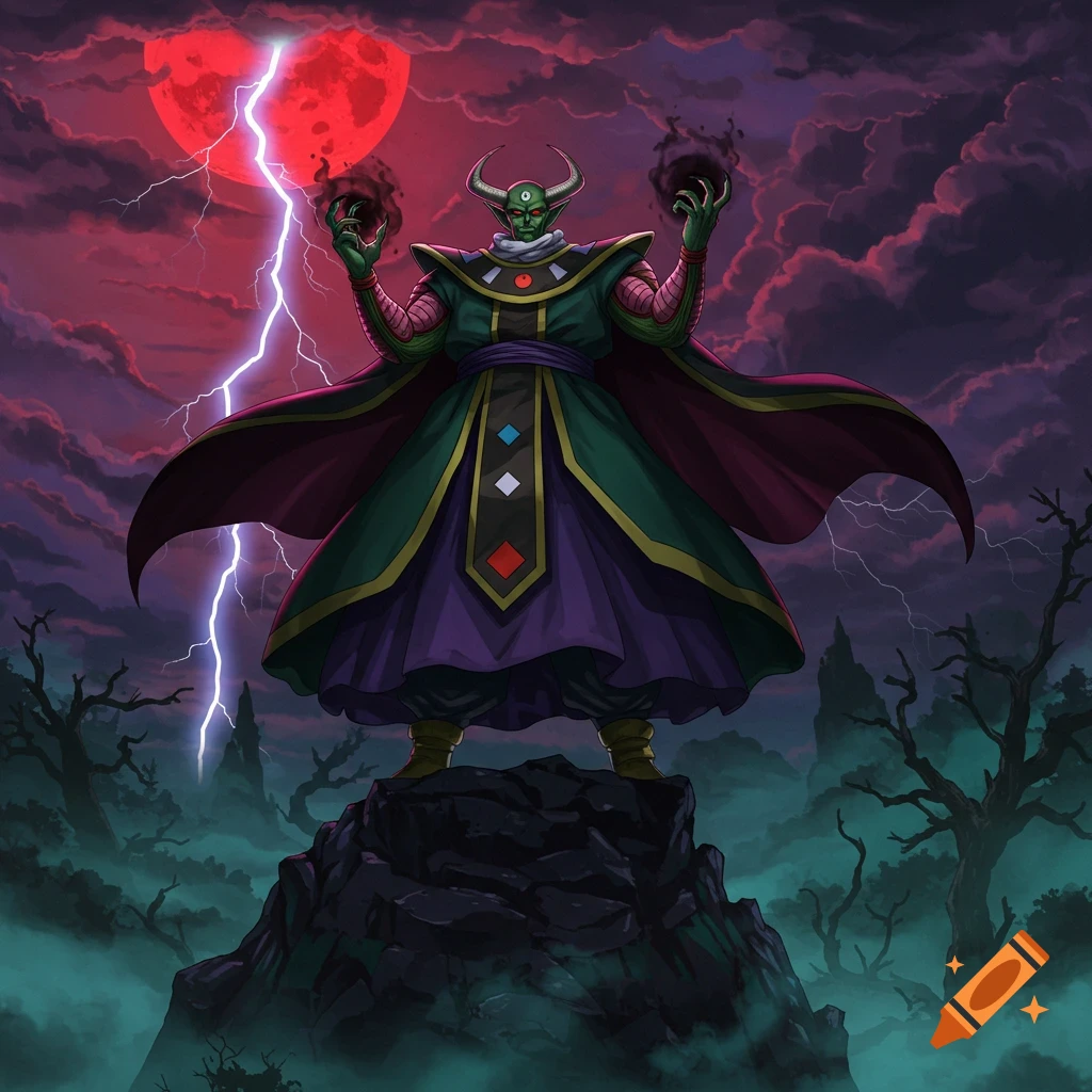 A green-skinned demon king with horns, wearing robes, stands on a rocky ...