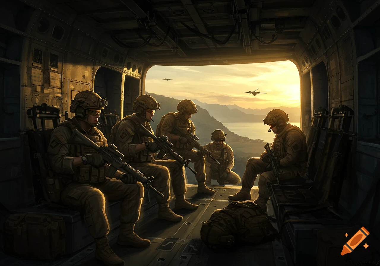 Soldiers in tactical gear sit inside a military helicopter, looking out ...