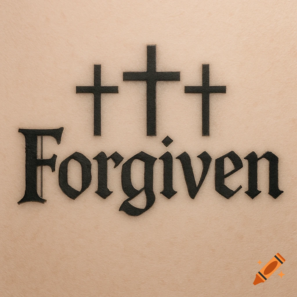 A realistic black tattoo on skin featuring three crosses above the word ...
