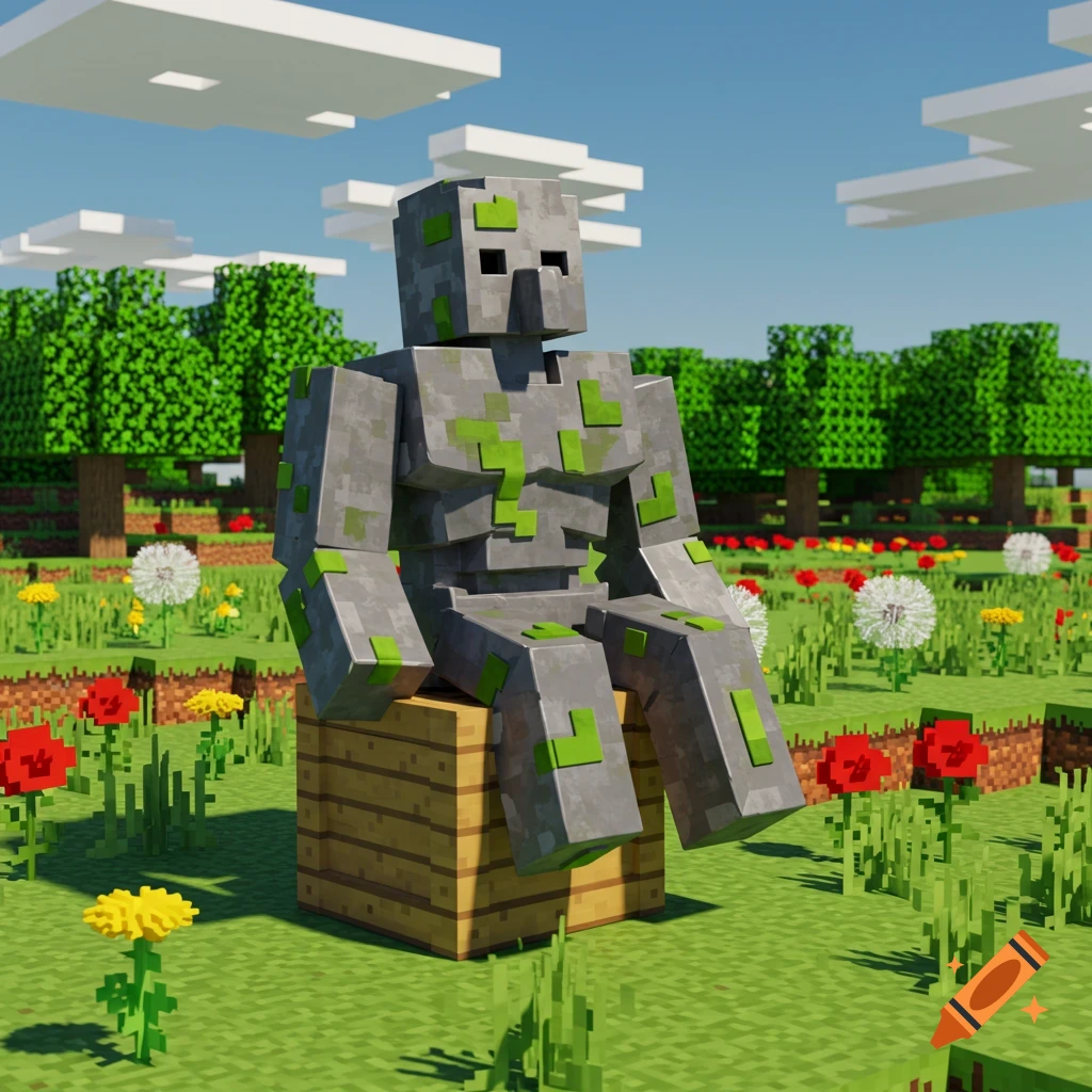 A blocky Minecraft Iron Golem with moss sits on a wooden crate in a ...