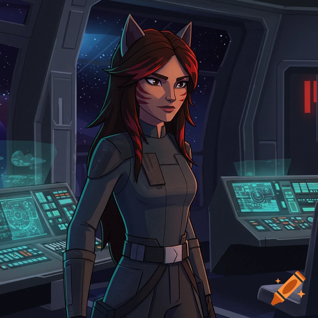Animated woman with dark hair, red streaks, and cat ears in a grey ...