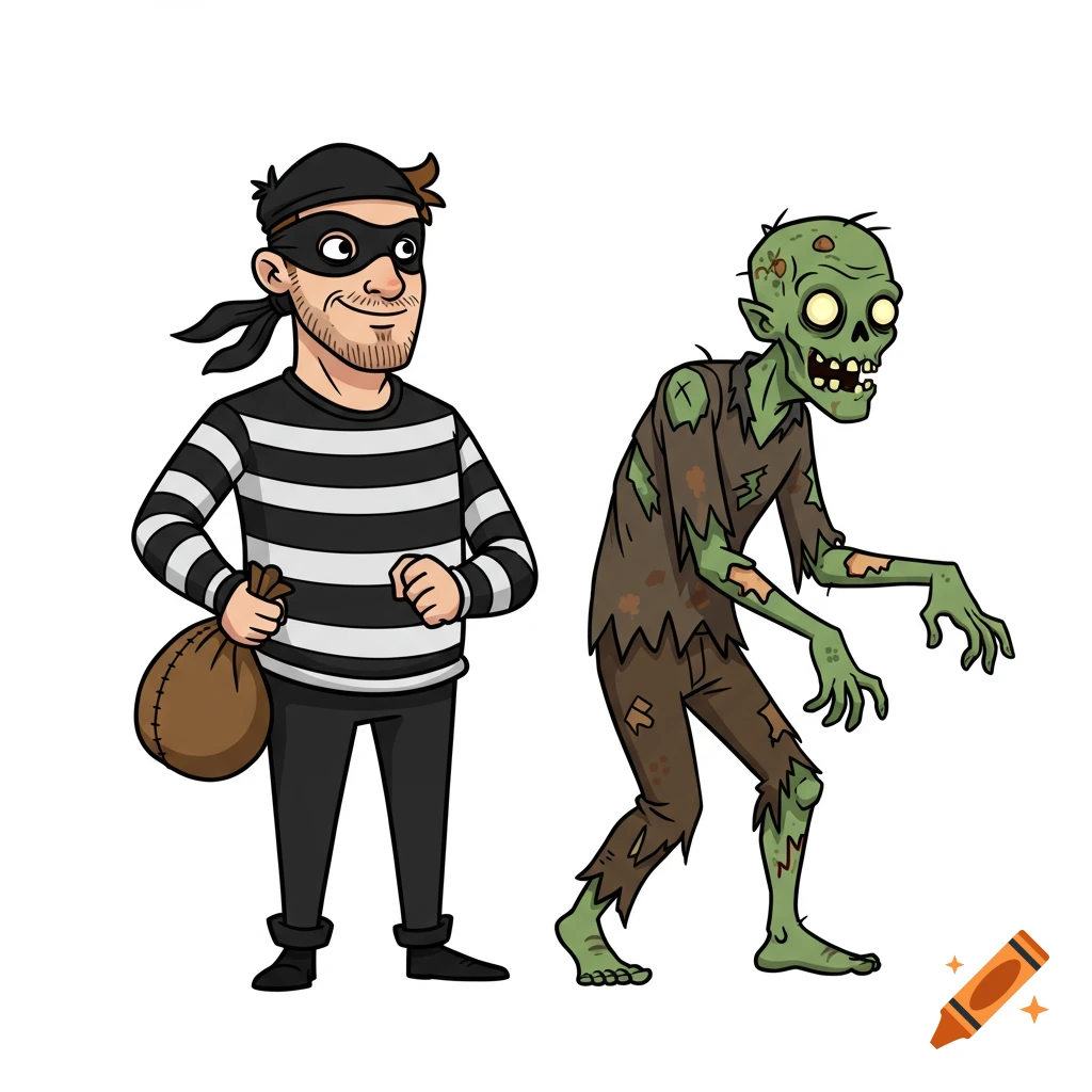 Cartoon illustration of a thief holding a money bag next to a green ...