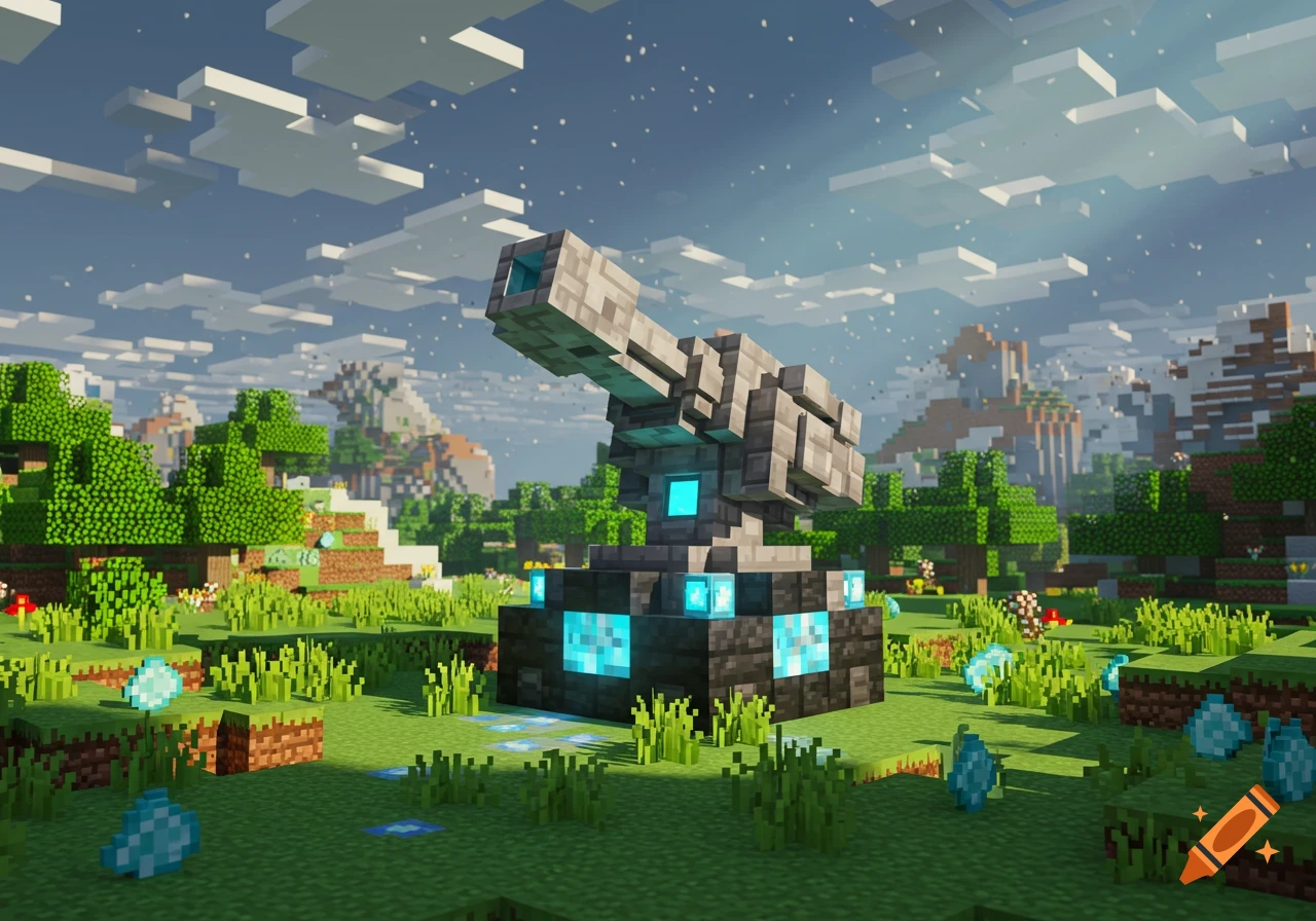 A Minecraft grass block stands centered under a bright sunbeam in a ...