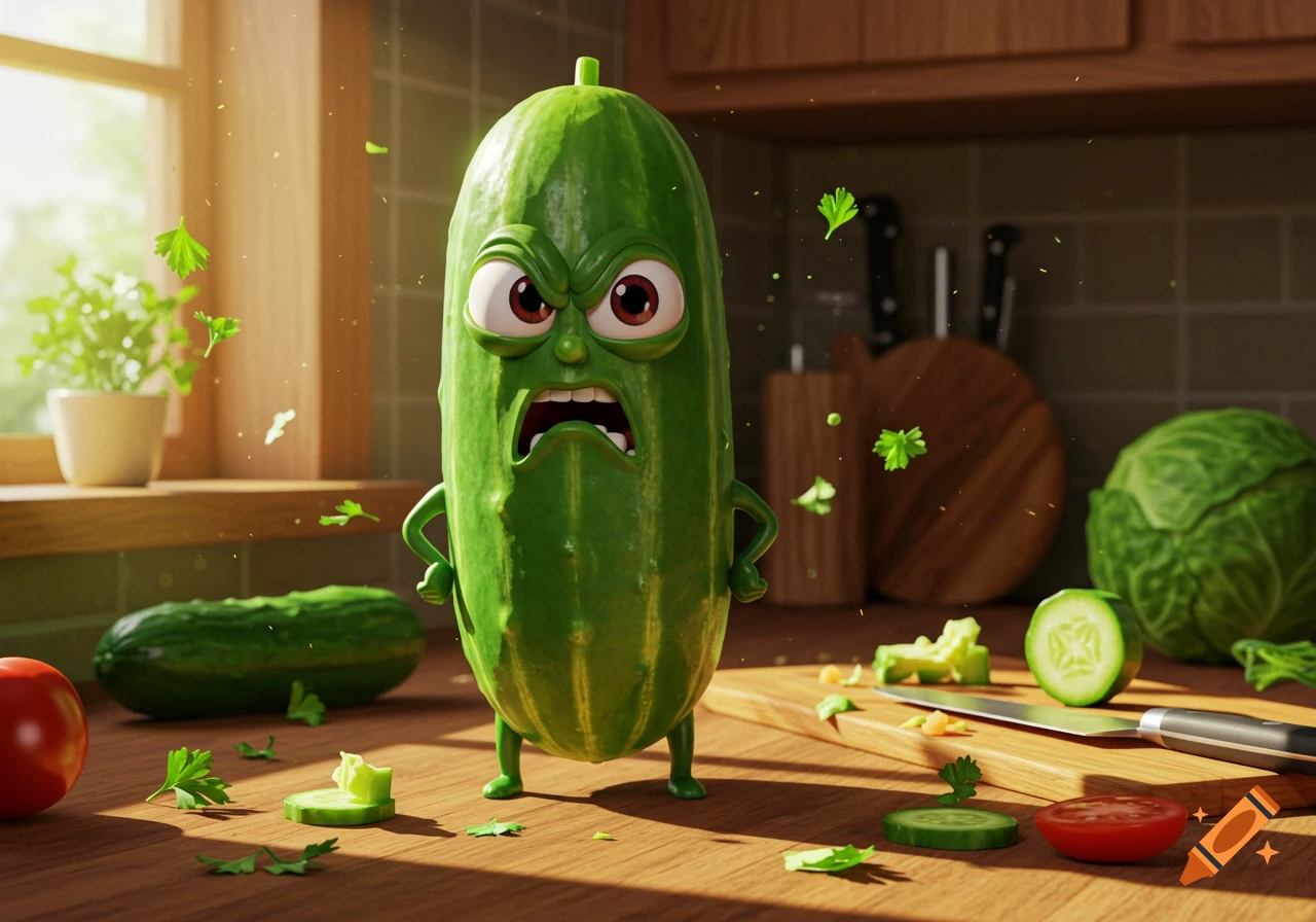 Cartoon bipedal cucumbers enjoying a meal of various Indian dishes on a ...