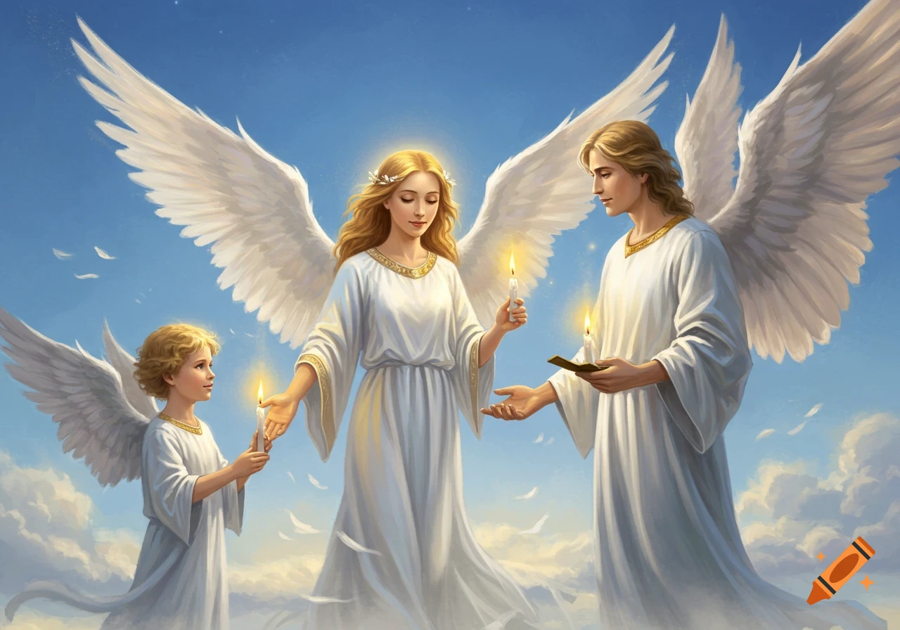 Two cherubic angels forge a glowing red heart on an anvil, with a fiery ...