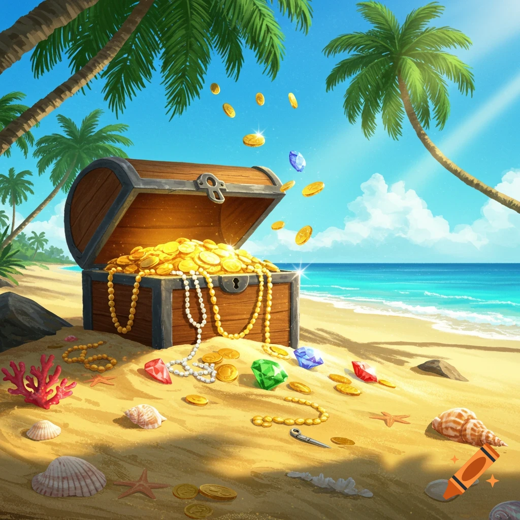 Colorful illustration of an open treasure chest spilling gold coins and ...