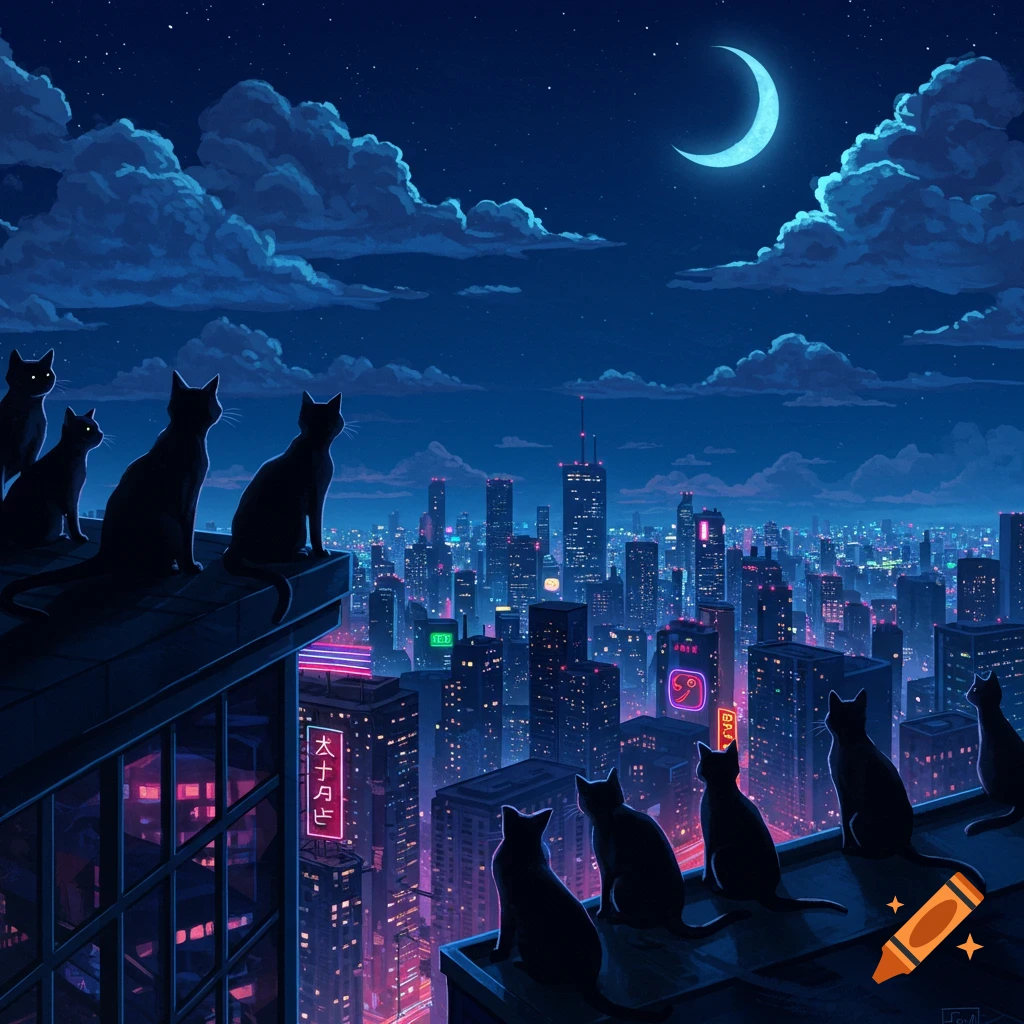 Silhouetted cats on a city rooftop, overlooking a vibrant, neon-lit ...