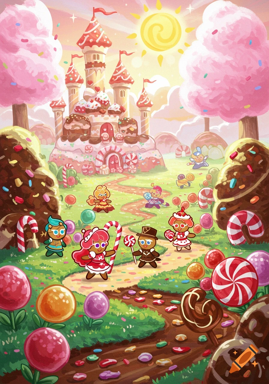 Vibrant fantasy illustration of a candy kingdom with cookie characters and a sweet castle. on ...