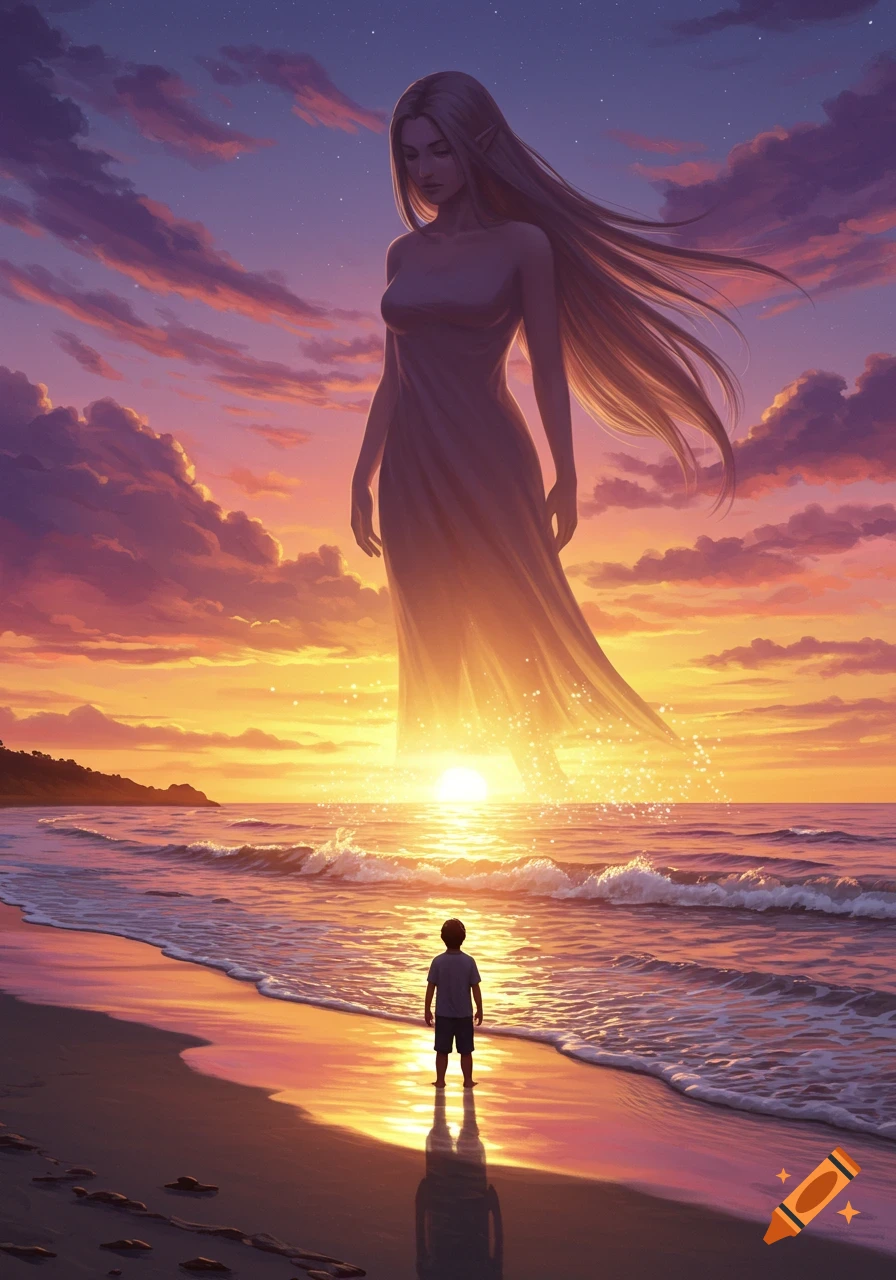 A giant ethereal woman stands over a small boy on a vibrant beach at sunset, golden light ...