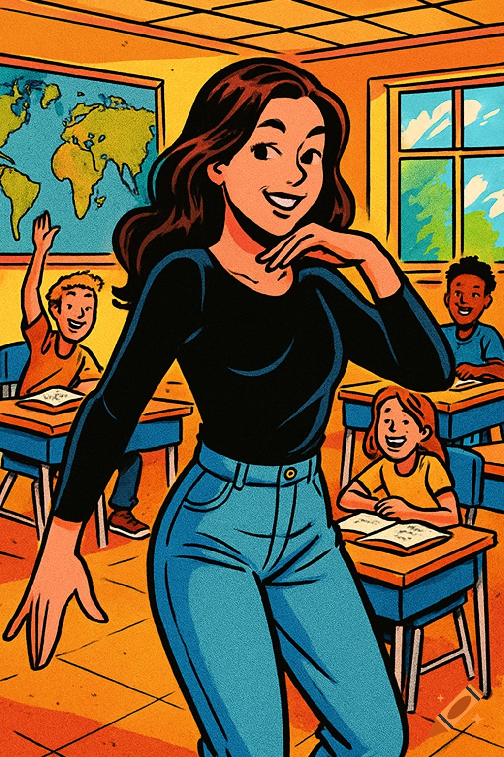 A comic-style image of a smiling teacher with long brown hair in a ...