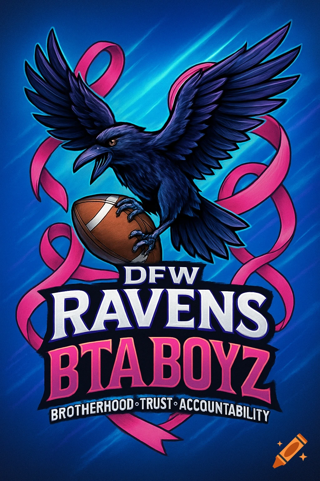 A stylized black raven with a football, pink ribbons, and text DFW ...