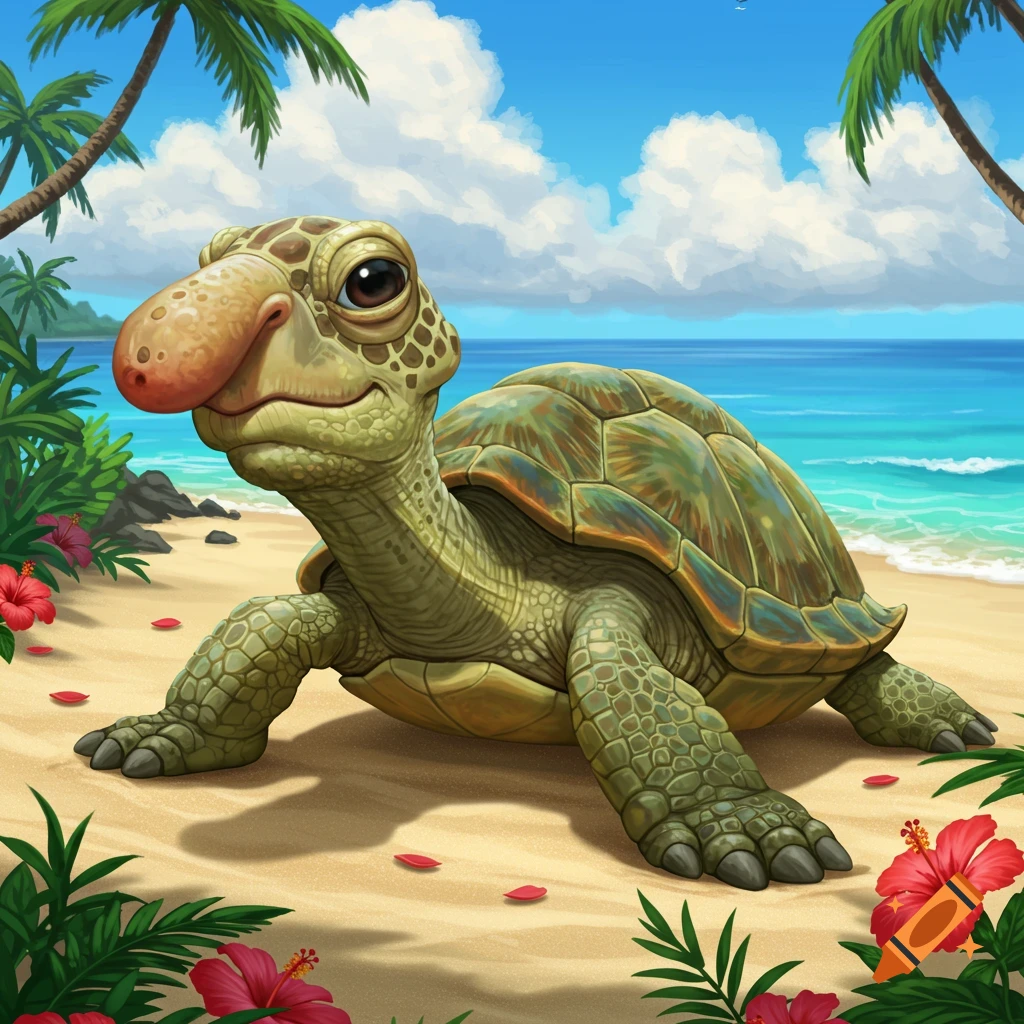 A cute purple cartoon turtle stands on a sandy beach, holding a green ...