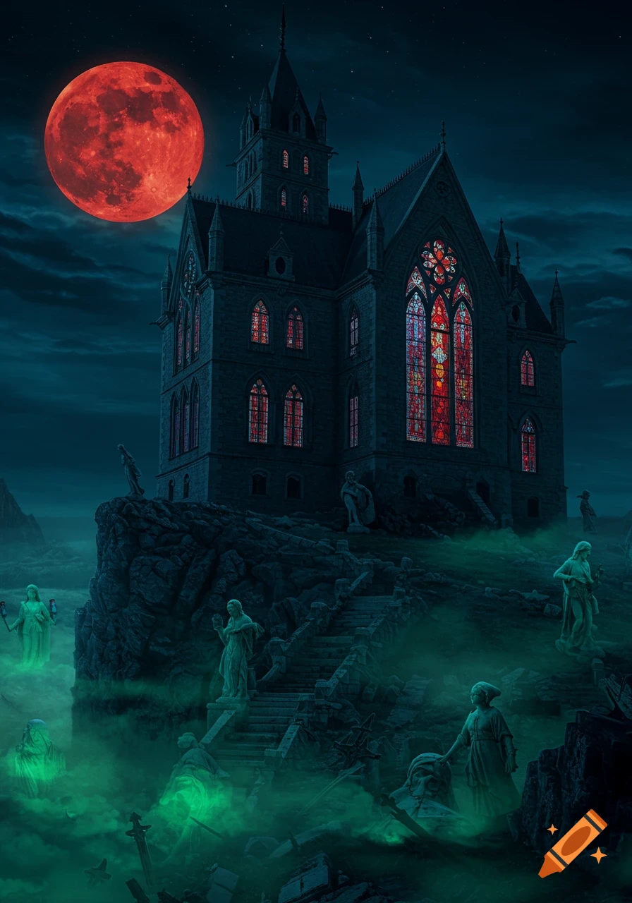 A dark gothic castle on a cliff at night under a giant blood-red moon ...