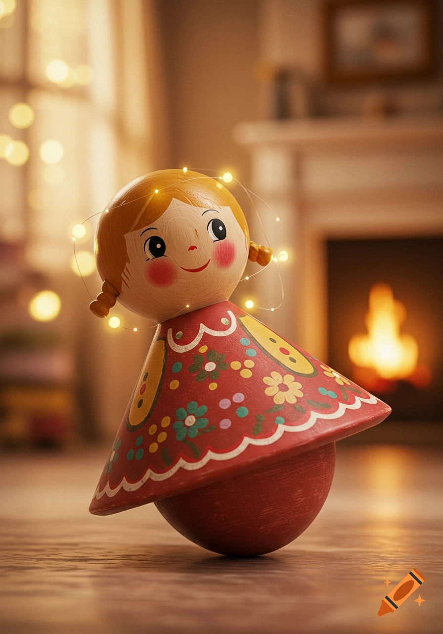 A colorful puppet with strings dances on a wooden stage, illuminated by ...