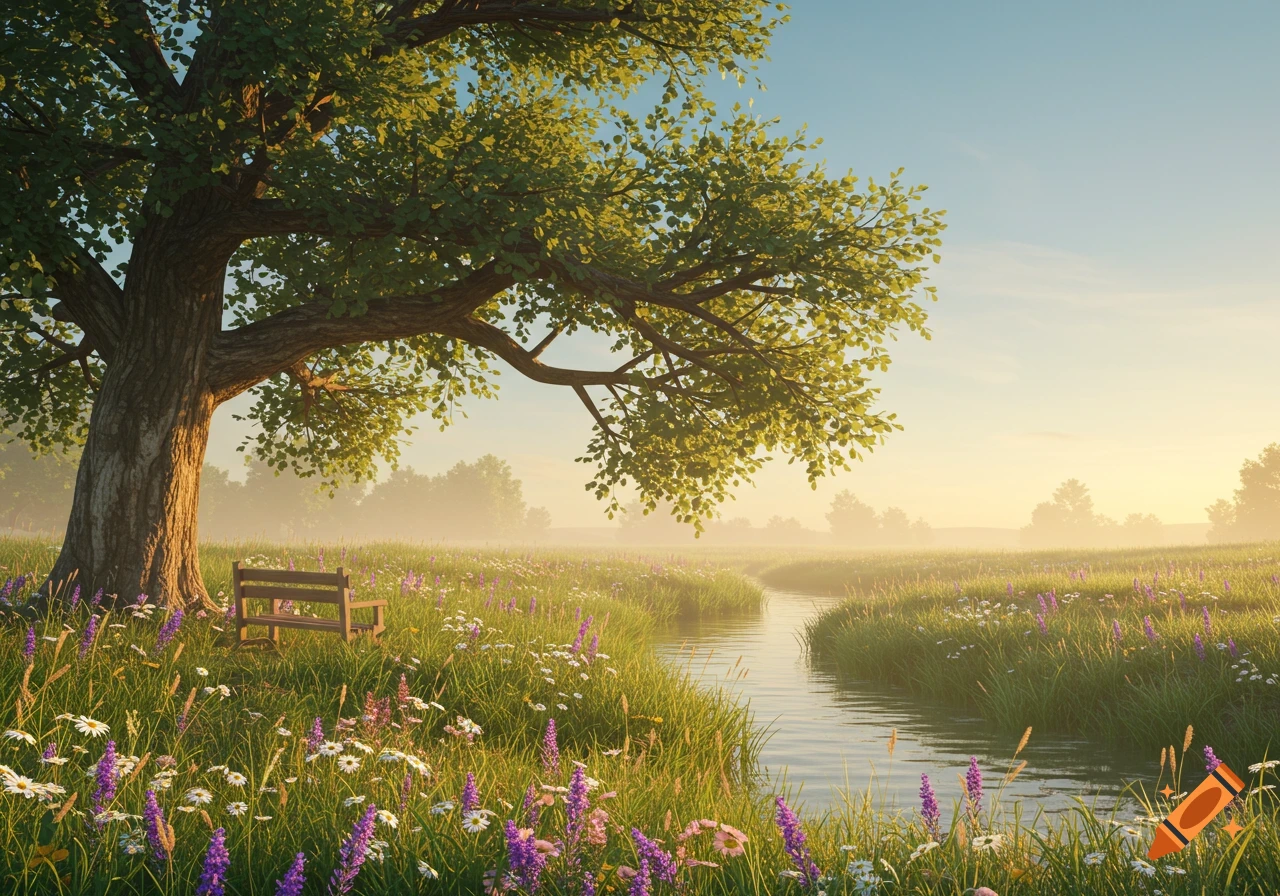 A serene foggy morning landscape with a large birch tree, rabbits ...