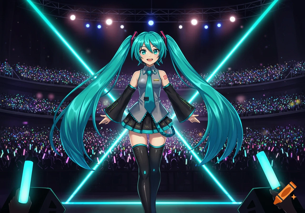 Anime character Hatsune Miku performs on a futuristic stage under ...