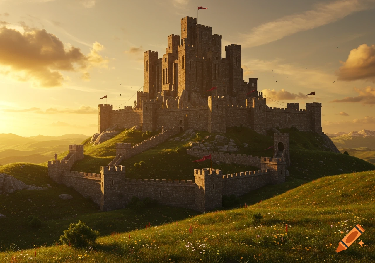 A large, blocky medieval castle with many towers stands on a green ...