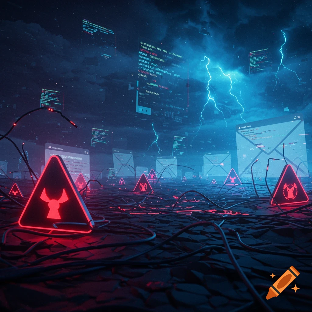 Dark cyberpunk scene with glowing red warning signs, tangled wires ...
