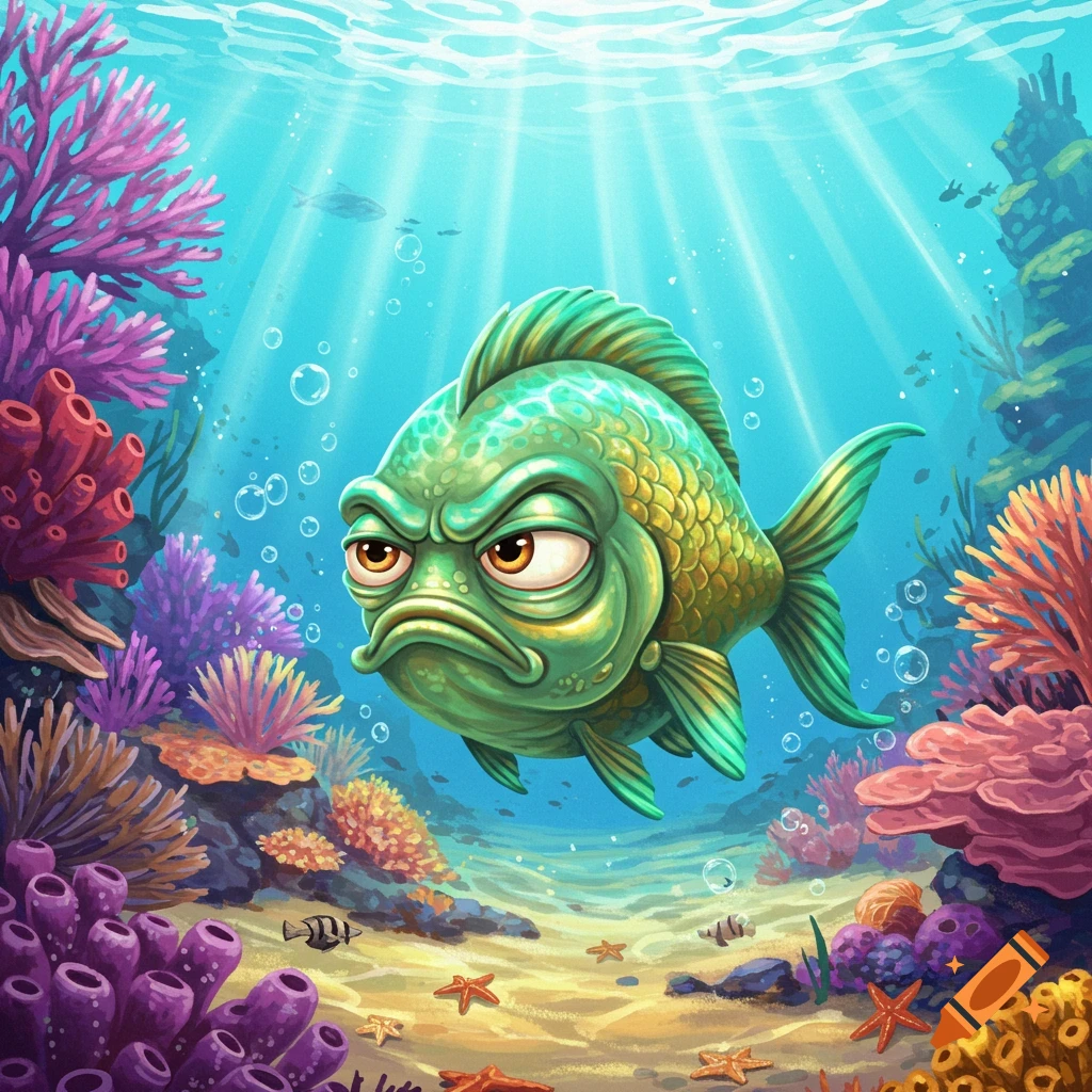 An angry green fish with large eyes glares forward in a vibrant, colorful underwater scene with ...