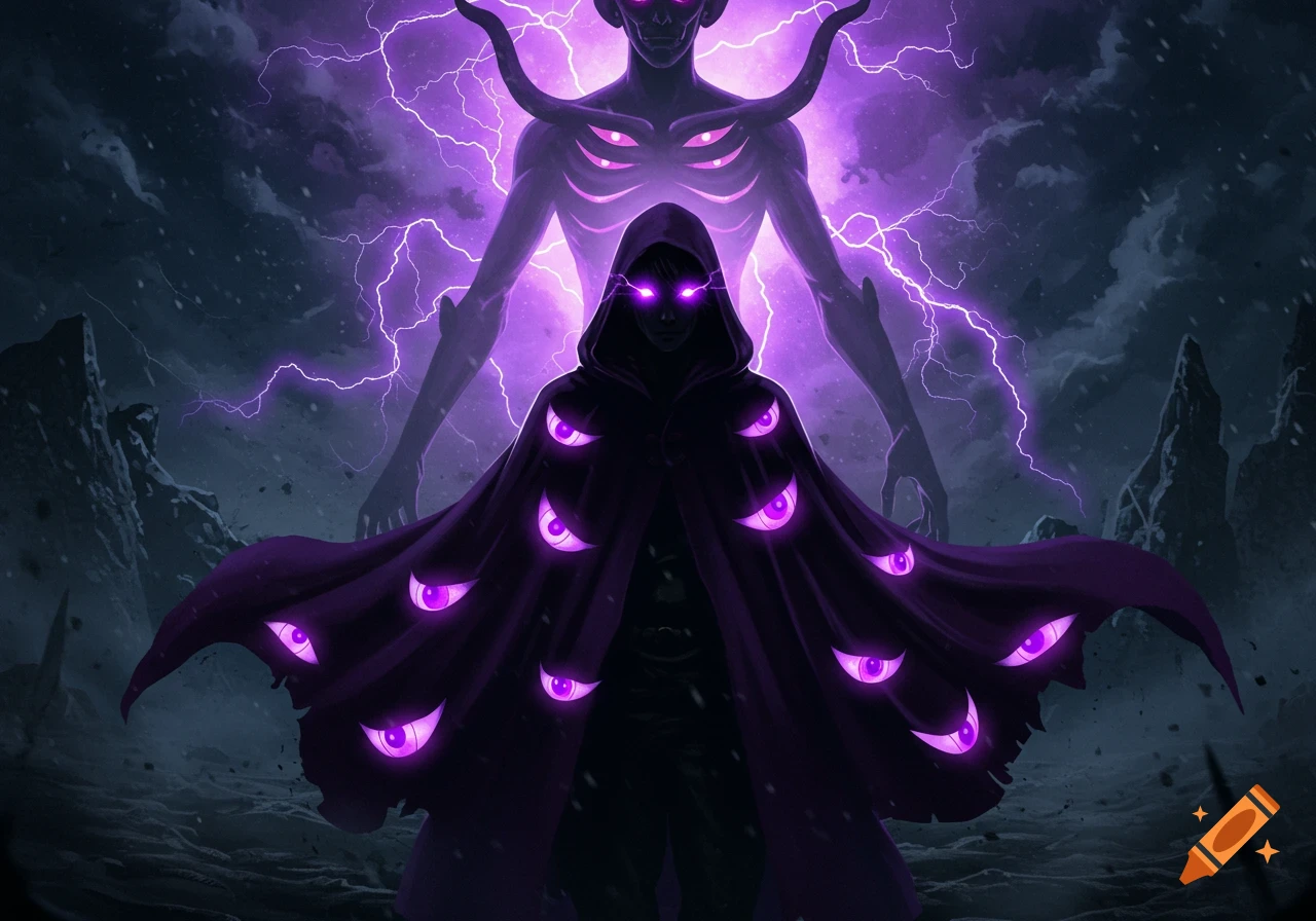 An anime-style figure in a dark cloak with many glowing purple eyes ...