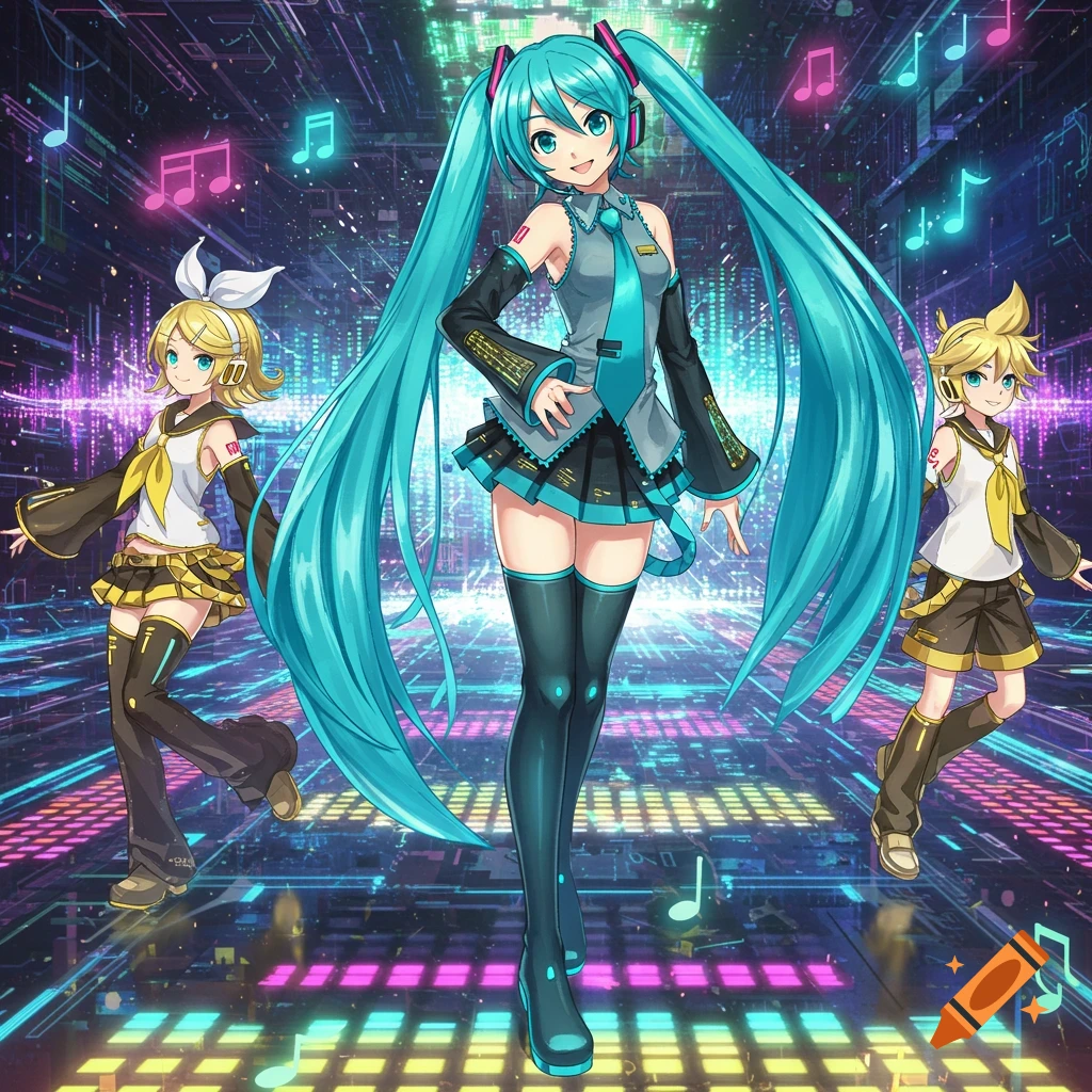 Hatsune Miku and Kagamine Len hug cheerfully on a stage with glowing ...