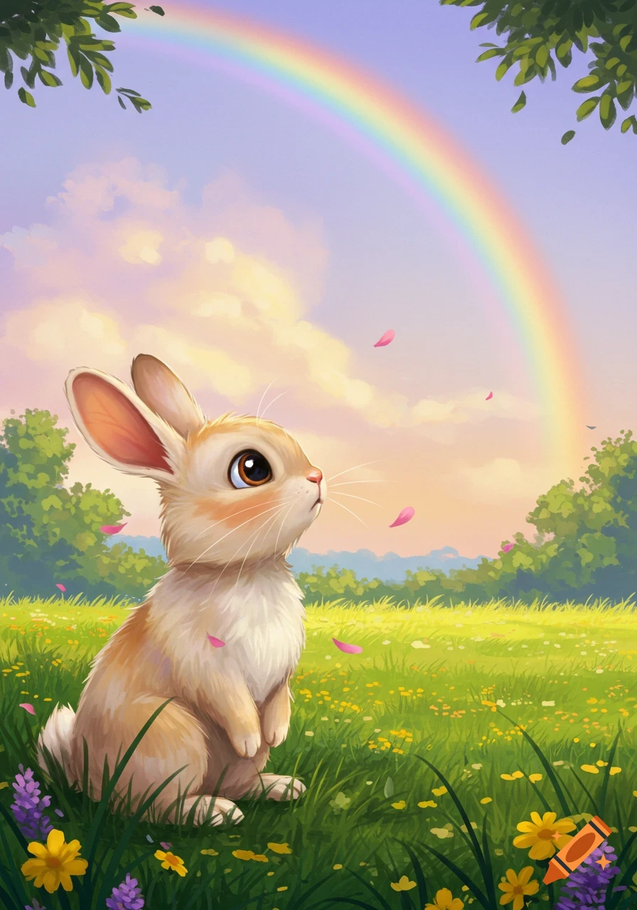 A cute cartoon bunny sits in a vibrant green field with flowers ...