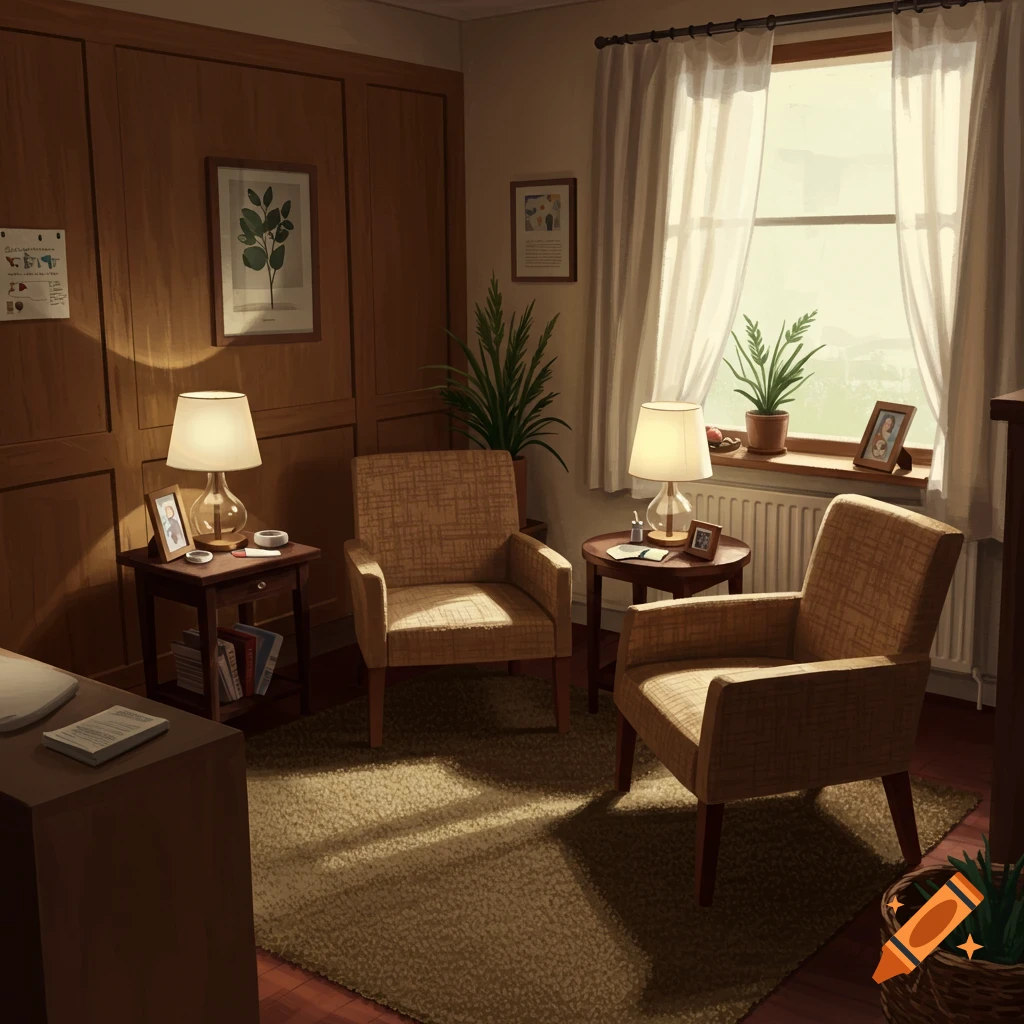 A cozy, warm counseling room with two armchairs, side tables with lamps ...