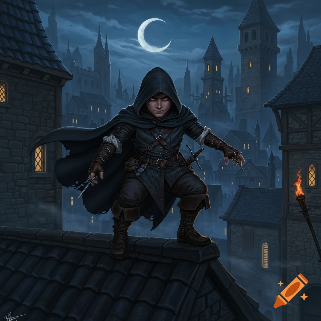 A hooded rogue in dark armor with a dagger crouches on a medieval ...