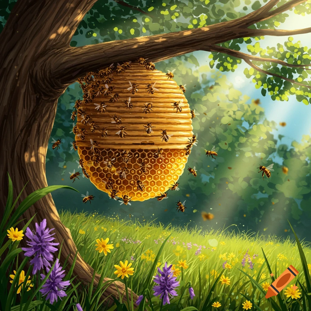 A large beehive on a tree branch, with bees flying in a sunlit meadow ...