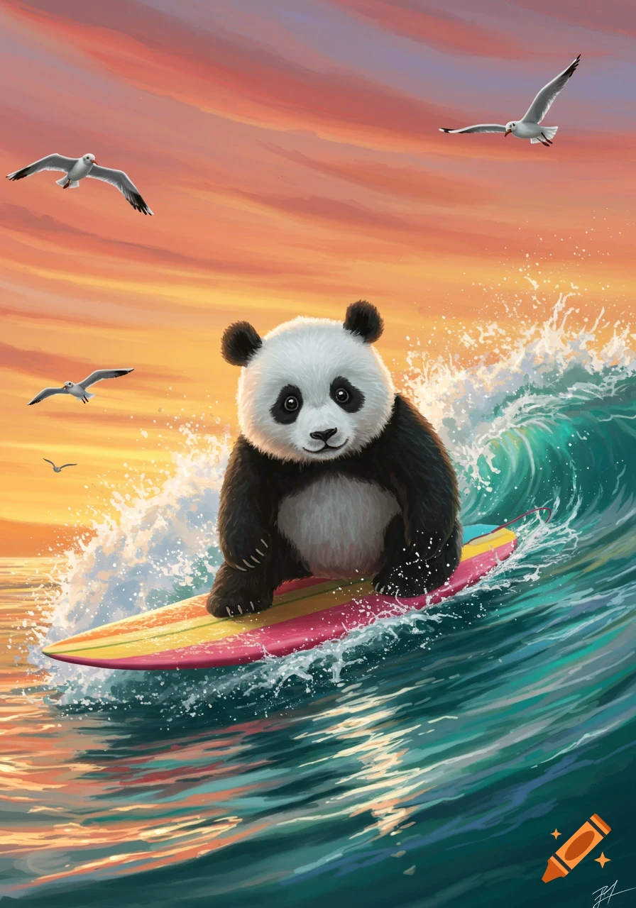 An adorable panda bear surfs a wave at sunset, with seagulls flying in ...