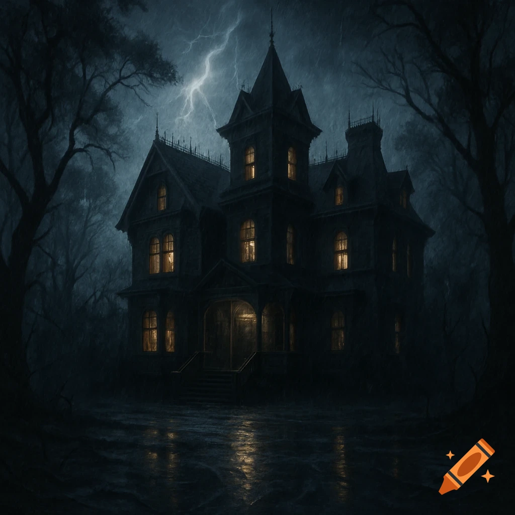 A dark, eerie Victorian house with glowing windows at night, rain ...