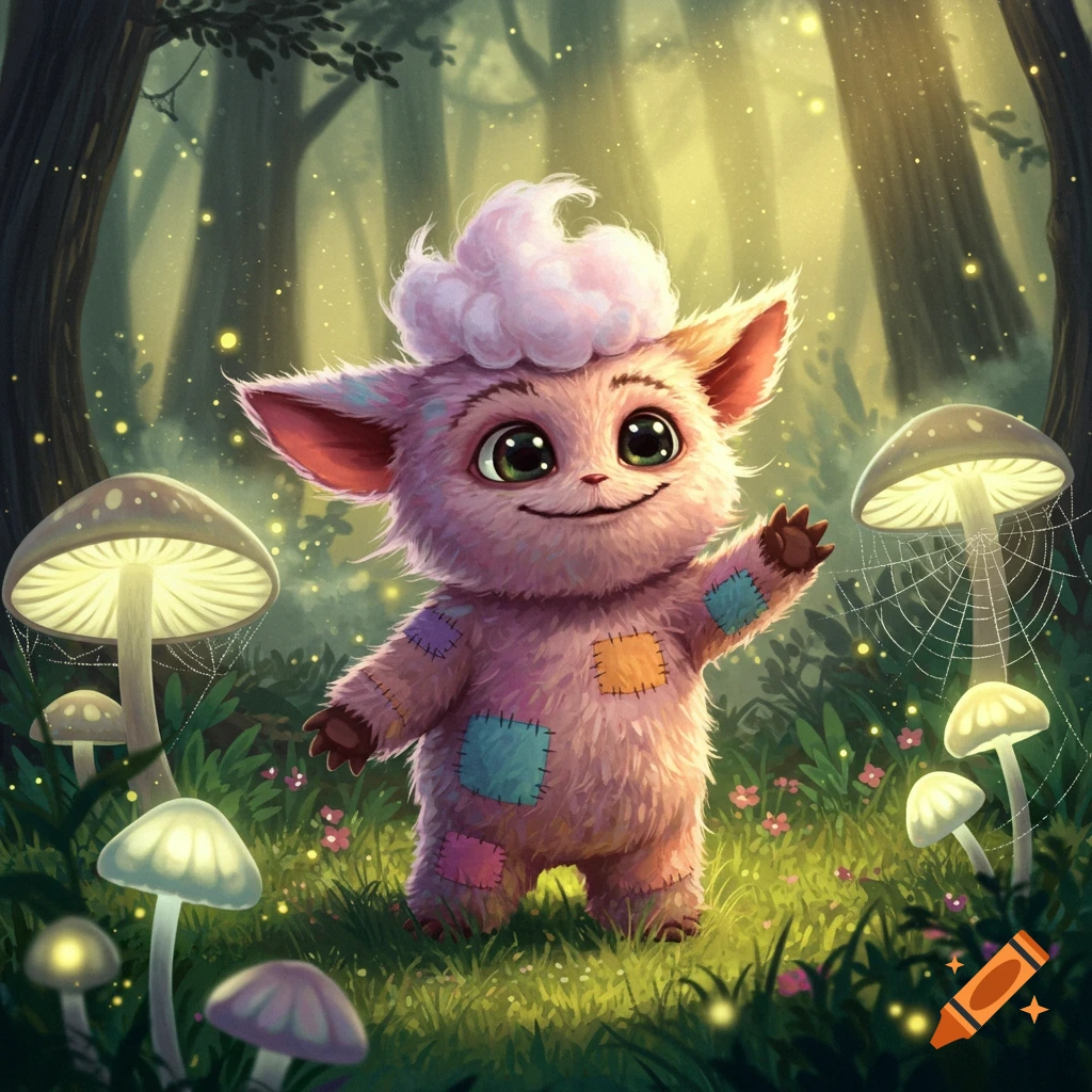 A pink, fluffy creature with colorful patches and big eyes waves in a ...