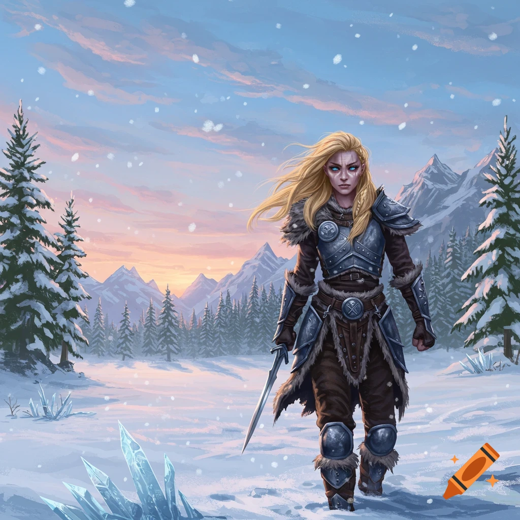 A druid with red dreadlocks and a fur cloak stands in a snowy forest ...