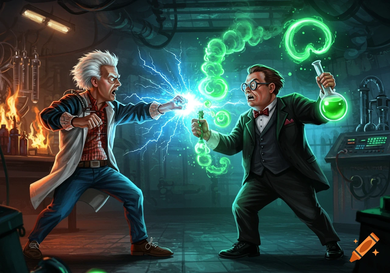 Doc Brown and Professor Utonium battle in a lab illustration, Doc with ...
